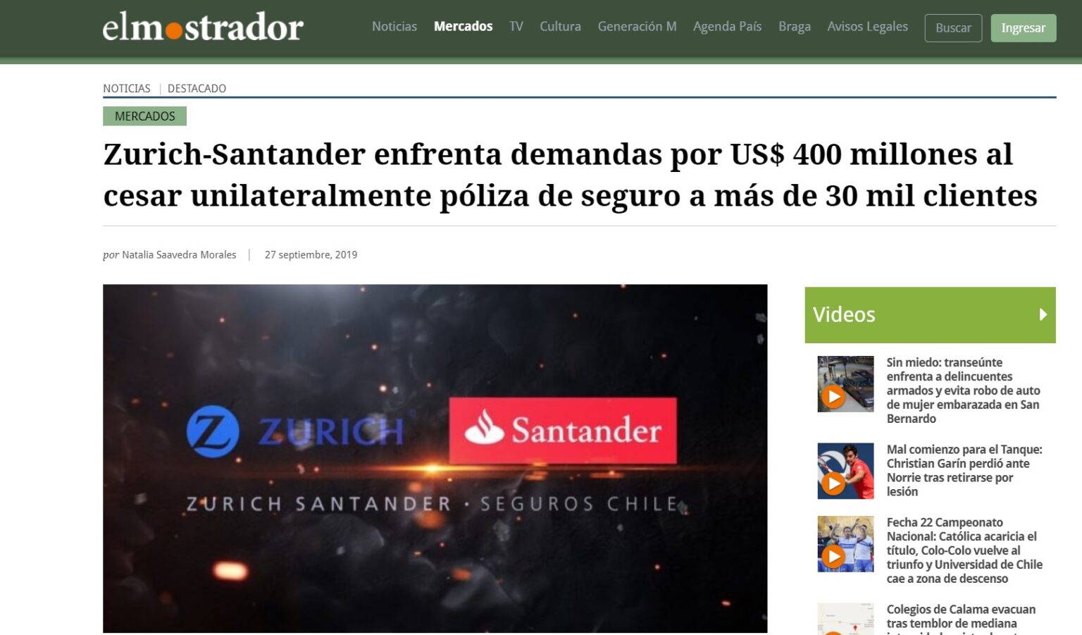 Zurich-Santander enfrenta demandas por US$ 400 millones al cesar ...